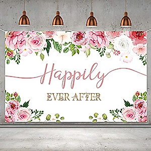 P.G Collin Happily Ever After Floral Banner Backdrop Sign Wedding Bridal Shower Engagement Bachelorette Party Decorations Supplies for Women 6 x 4ft Pink Pink Happily