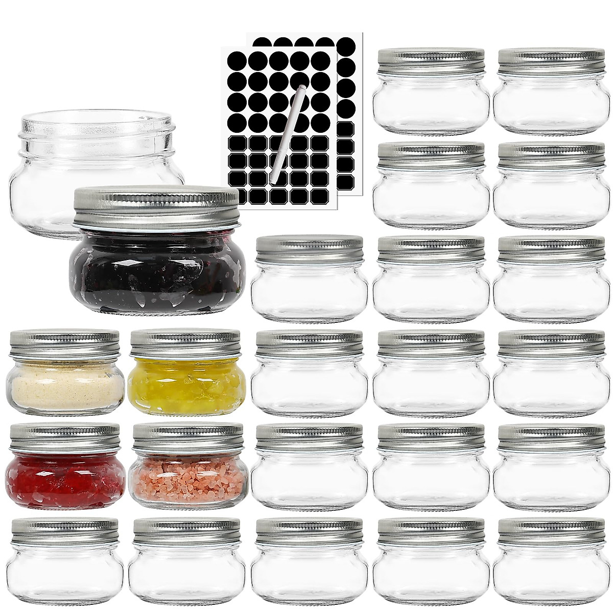 STARSIDE 4 oz Glass Mason jars,24 Pack Glass Canning Jars With Regular Mouth Lids, Perfect Containers for Jam, Honey, Candies,Overnight Oats,Wedding Favors. Included 1 Pens and 80 Labels.