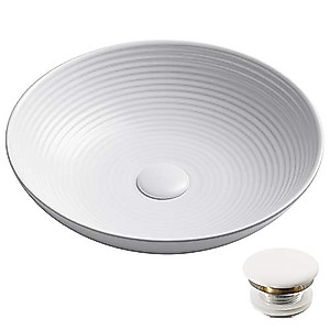 KRAUS Viva™ Round White Porcelain Ceramic Vessel Bathroom Sink with Pop-Up Drain, 16 1/2 in. D x 4 3/8 in. H, KCV-203GWH