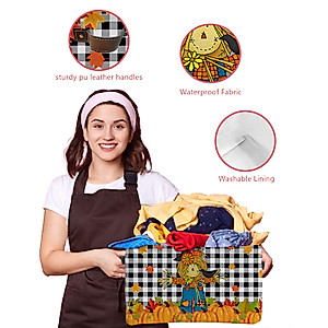 Thanksgiving Scarecrow Storage Bins 1 Pack, Large Waterproof Storage Baskets for Shelves Closet, Fall Pumpkin Maple Leaves Black White Plaid Storage Basket Foldable Storage Box Cube Storage Organizer