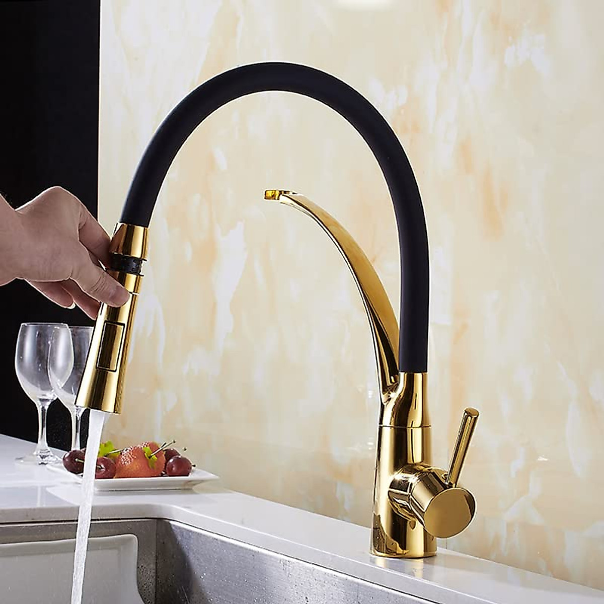 WEITOL Kitchen Sink Faucet for Bar Farmhouse Commercial, Golden Kitchen Faucet, Cold and Hot Water Single Control Mixer Taps, Single Hole Faucet, Spray Head Bubbler Gentle Water Faucet