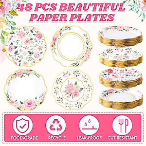 48 Pcs Floral Paper Plates 9 Inch Flower Disposable Party Plates Pink Floral Dinner Plates Wedding Gold Foil Edge Plate Tea Party Decoration for Bridal Shower Baby Shower Birthday