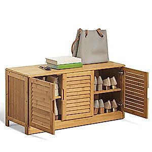 MoNiBloom 2 Tier Shoe Cabinet, Bamboo Free Standing Shoe Shelf Organizer Storage with Shutter Doors for 6-10 Pairs Home Entryway Hallway Bedroom, Natural