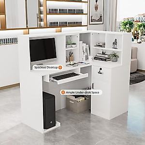 LEADZM L-Shaped Reception Desk with Counter, Front Desk with Lockable Drawers & Adjustable Shelf, Retail Checkout Counter for Beauty Salon Office, White (55.9" W x 18.9" D x 48" H)