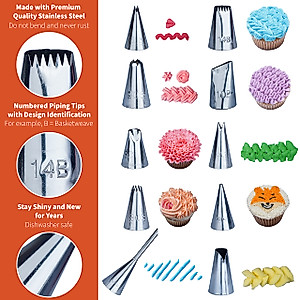 RFAQK 30PCs Piping Bags and Tips Set with EBook - Frosting Piping Kit with 10 Piping Tips,10 Pastry Bags, 2 Reusable Bags, 3 Icing Scrapers, 2 Couplers & 2 Ties for Cookies Cake Decorations (Pink)