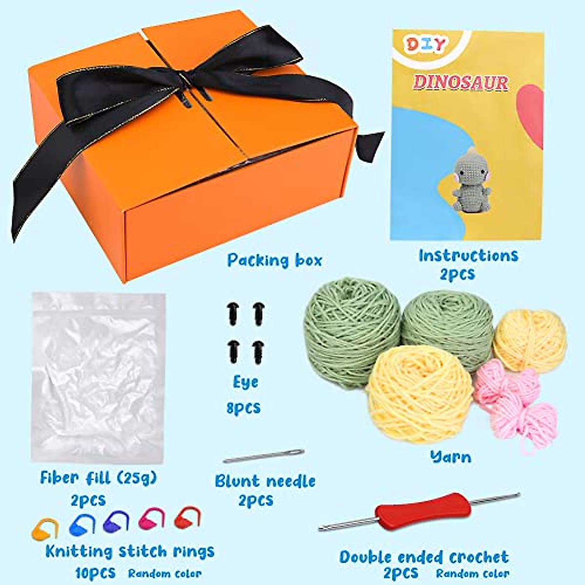 ZXIIXZ Crochet Kit for Beginners, Complete Crochet Kit with Dinosauria Yarn, Hooks, Storage Box, DIY Crafts