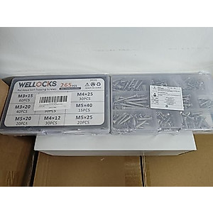 WELLOCKS Wood Screws 265 PCS 304 Stainless Steel M3/M4/M5 Self Tapping Screws Assortment Set, Flat Head Rust Proof Wood Screw Kit with Storage Box for Homemade, Repair, Woodwork Indoor Outdoor (D034)