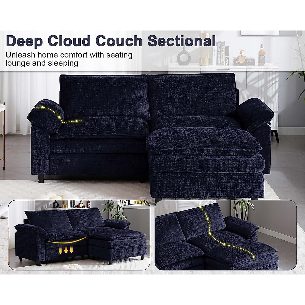 Suheww Cloud Sofa sectional Modular Loveseat Sofa couches, 86.6" Modern 2-Seat Convertible Loveseat Sofa with Ottoman, Comfy L-Shaped Extra Deep Seat Sofa Couch for Living Room Apartment（Blue