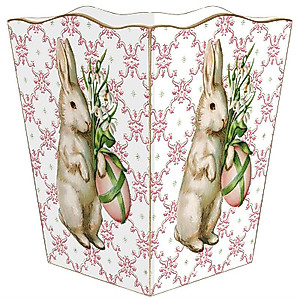 Marye-Kelley White Bunny with Egg on Pink Scroll Wood Wastepaper Basket Handmade in The USA