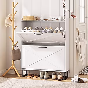 Maupvit Shoe Cabinet with 2 Flip Drawers, Freestanding Shoe Cabinet Organizer with Metal Legs, Shoes Storage Cabinet for Entryway, Narrow Shoe Rack Cabinet, White