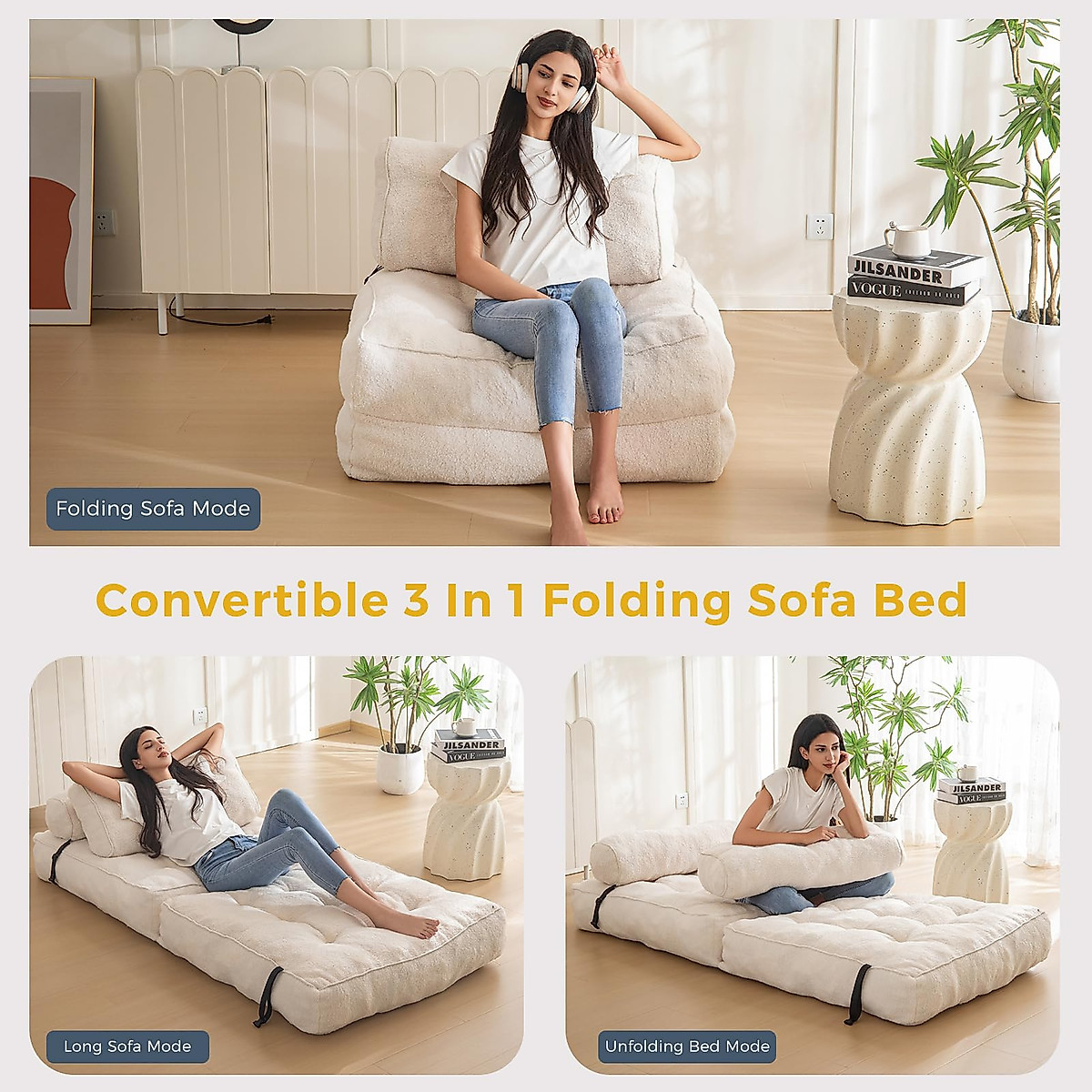 MAXYOYO Folding Sofa Bed, Convertible Sleeper Chair with Pillow Foldable Mattress with Back Support, Portable Fold Out Sofa Couch Fuzzy Fabric Comfy Floor Sofa Lounge for Living Room Apartment, Beige