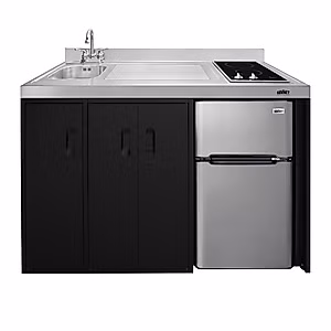 Summit Appliance CK54SINKL 54 Wide All-In-One Kitchenette, Stainless Steel Sink and Faucet, 2-door Refrigerator-freezer, 2-burner Smooth-top Cooktop, Storage Compartments, 115V Operation, Black