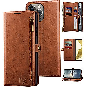 SUANPOT for iPhone 14 Pro Max Wallet case 【RFID Blocking】【9 Card Slot】【Pocket】,Credit Card Holder Flip Folio Book Zipper PU Leather Protective Cover Women Men for 14 ProMax Phone case Light Brown