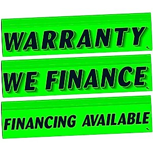 Versa Tags Windshield Slogan Stickers 12 Pack of Warranty Stickers 12 Pack of WE Finance Slogans 12 Pack of FINANCING Available Window Stickers (36) Dealership Stickers Black On Green