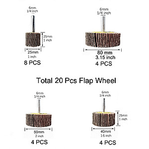 Tonmp 20 Pack 4 Sizes (1"/1.5"/2"/3") 1/4" Abrasive Flap Wheel Sander Set - 40/60/80/120 Grits Mounted Flap Wheels, Aluminum Oxide Sanding Flap Wheel Sander for Removing Rust and Polishing
