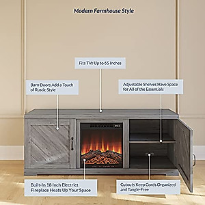 BELLEZE Modern 58 Inch Farmhouse TV Stand with 18 Inch Electric Fireplace & Media Entertainment Center Console Table for TV up to 65 Inch with Storage Cabinets and Infrared Heater - Hilo (Gray Wash)