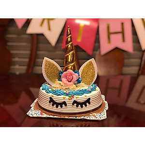 Unicorn Cake Topper with Eyelashes/Gold Unicorn Horn, Ears and Flowers for Birthday Wedding Baby Shower Party Cake Decoration