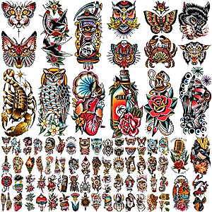 Yazhiji 77sheets Waterproof Fake Tattoo for Men or Women 17sheets Larger Half Arm Owl Peony Butterfly Snake Temporary Tattoos for Boy or Girl And 60 sheets Tiny Flower Tattoo Sticker for Kids