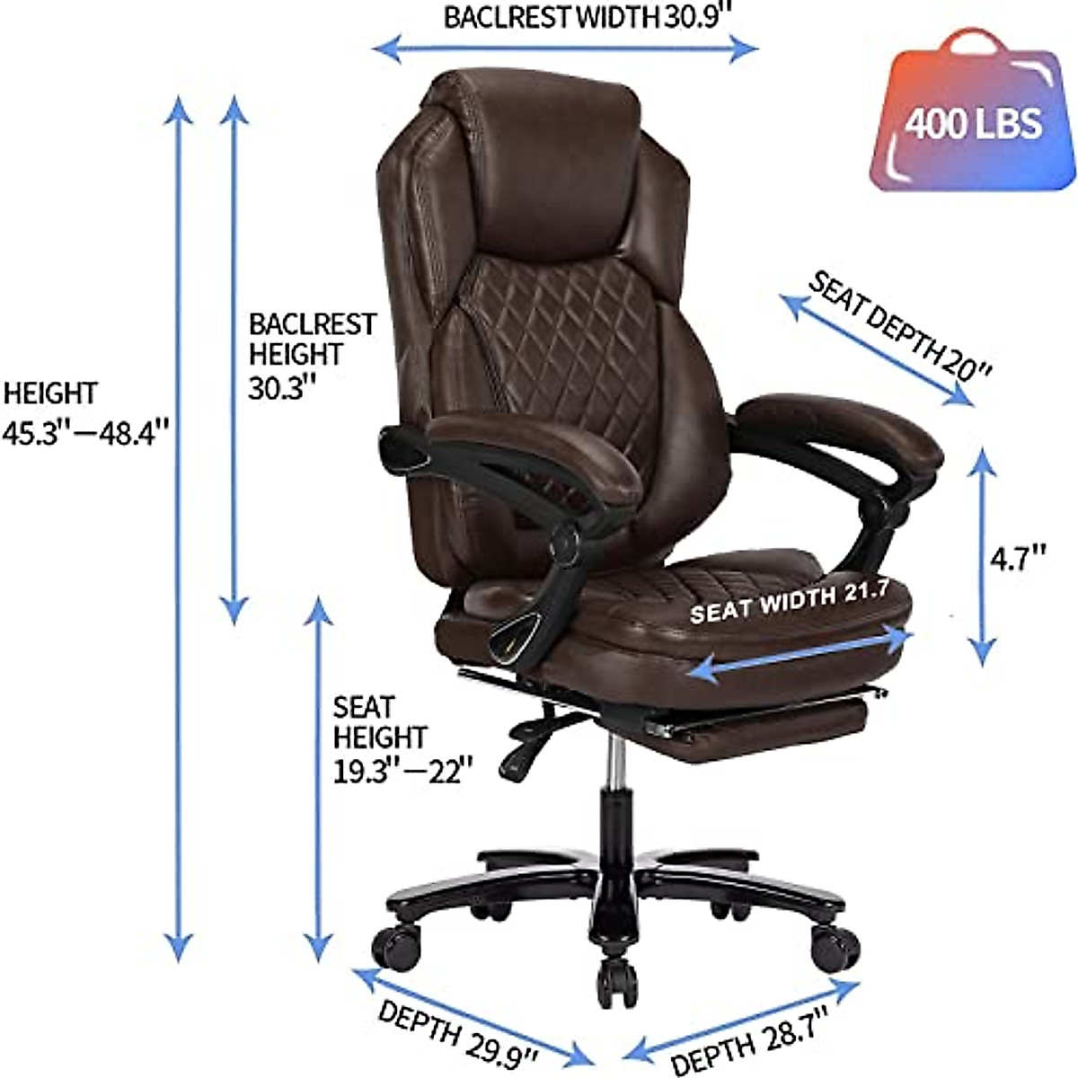 Comermax Big and Tall Home Office Desk Chairs for 400lb Heavy People, Ergonomic Reclining Office Chair with Footrest and Wide Seat, Plus Size Managerial Executive Chairs (Coffee Brown)