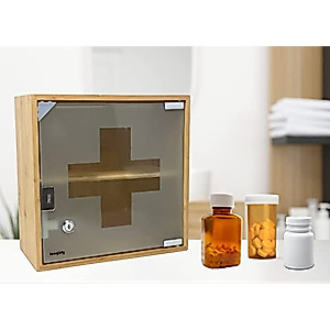 Toughty Bamboo Lockable Medical Cabinet for Medicine & Bandages with Frosted Tempered Glass, Wall Mount Storage Container, Hanging Medicine Cabinet, First Aid Wall Cabinet