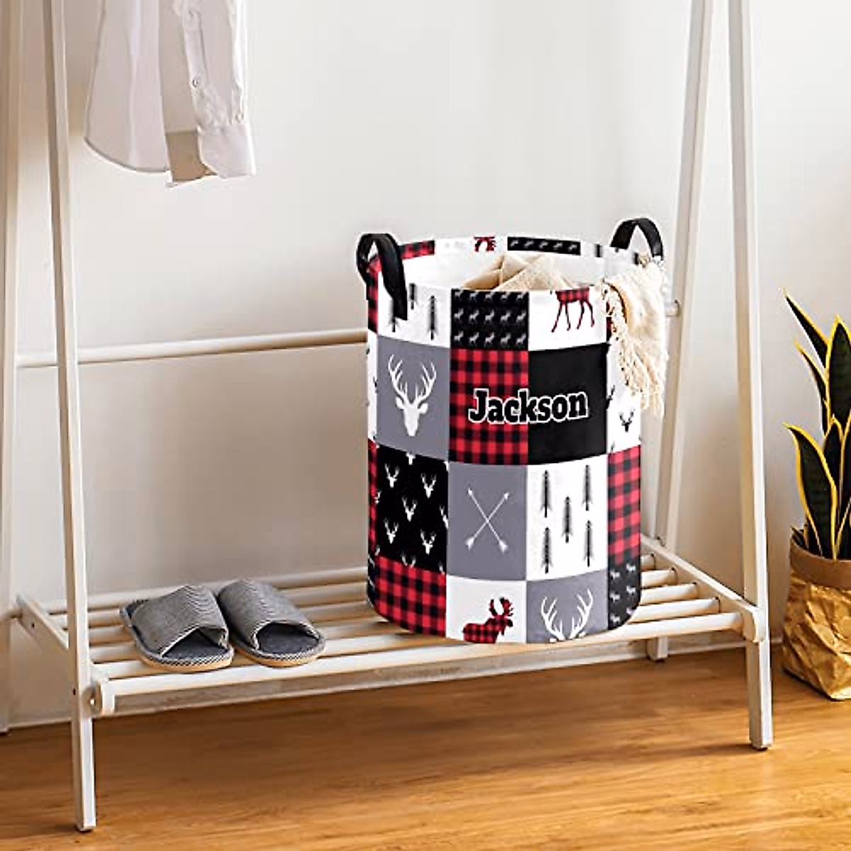 Buffalo Plaid Deer Woodland Personalized Waterproof Foldable Laundry Basket Bag with Handle, Custom Collapsible Clothes Hamper Storage Bin for Toys Laundry Dorm Travel Bathroom