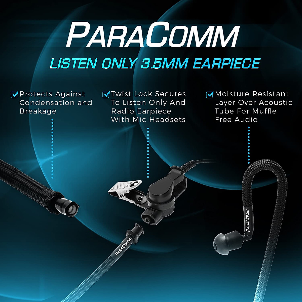ParaComm Moisture Resistant Listen Only Earpiece 3.5mm - Radio Earpiece for Law Enforcement, Police Earpiece for Radio Mic Earpiece Compatible with Motorola T600, T800 & Kenwood Two Way Radios