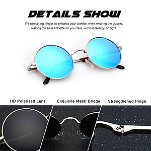 CGID E01 Lennon Polarized Sunglasses with Case for Women Men Circle Round Retro Vintage Sun Glasses Circular Shades Sliver Metal Rimmed Blue Mirror Lens, Small 45mm, Gift Package