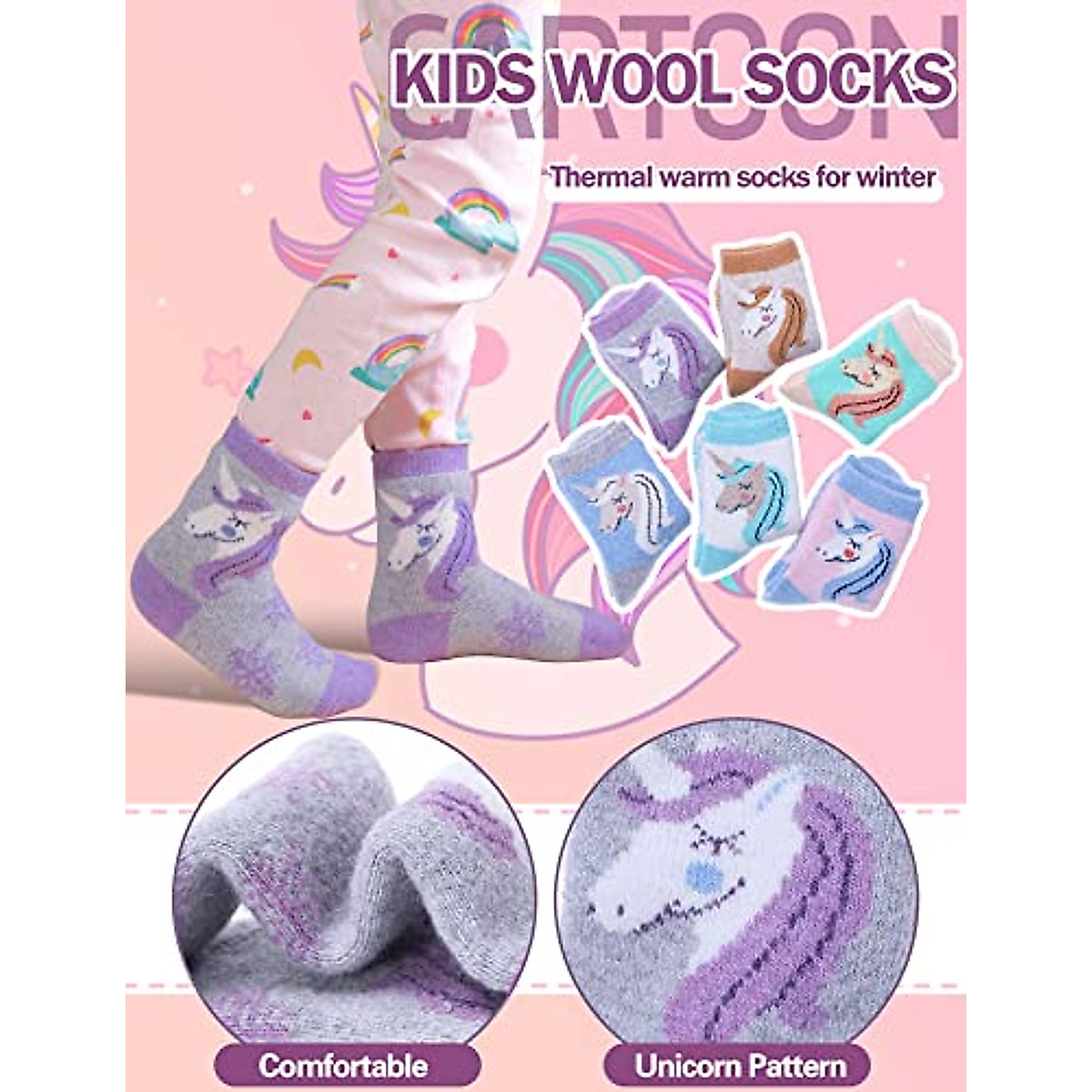 Anlisim Kids Wool Hiking Socks Toddlers Boys Girls Warm Winter Thermal Thick Heavy Crew Boot Cozy Child Gift Cabin Socks Stocking Stuffers 6 Pack(Unicorn C,8-12 Y)