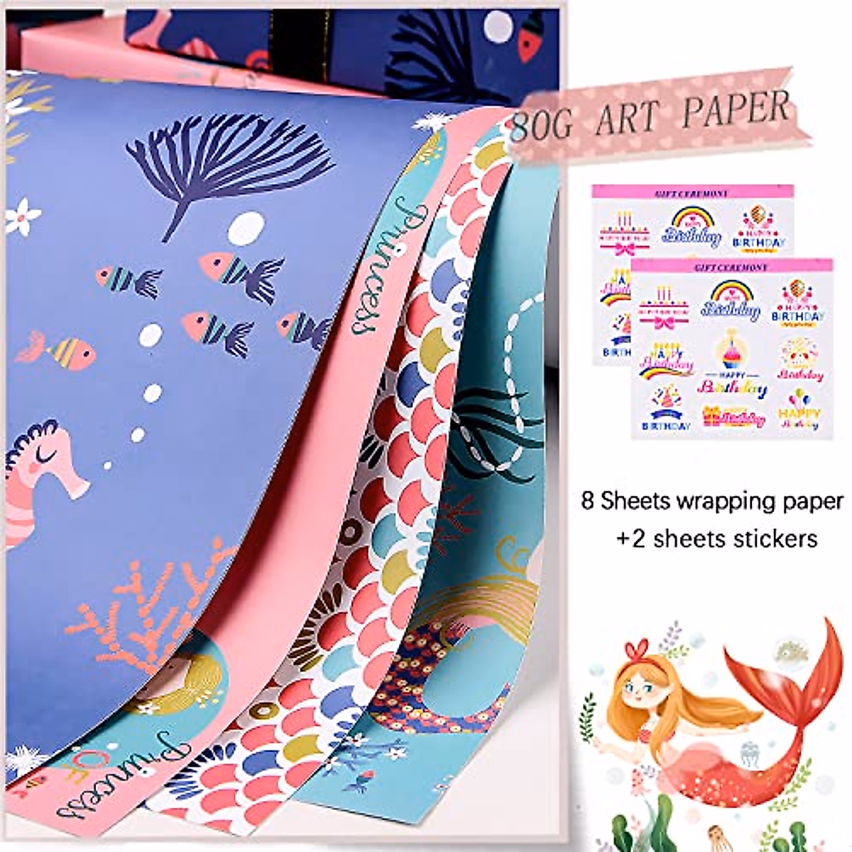 MAMUNU Gift Wrapping Paper Set Girls, 8 Sheets Mermaid Wrapping Paper with Stickers, Colorful Pink Kraft Wrapping Paper for Girls Women Kids Birthday Baby Shower Holiday Party, 20x27 Inch Per Sheet