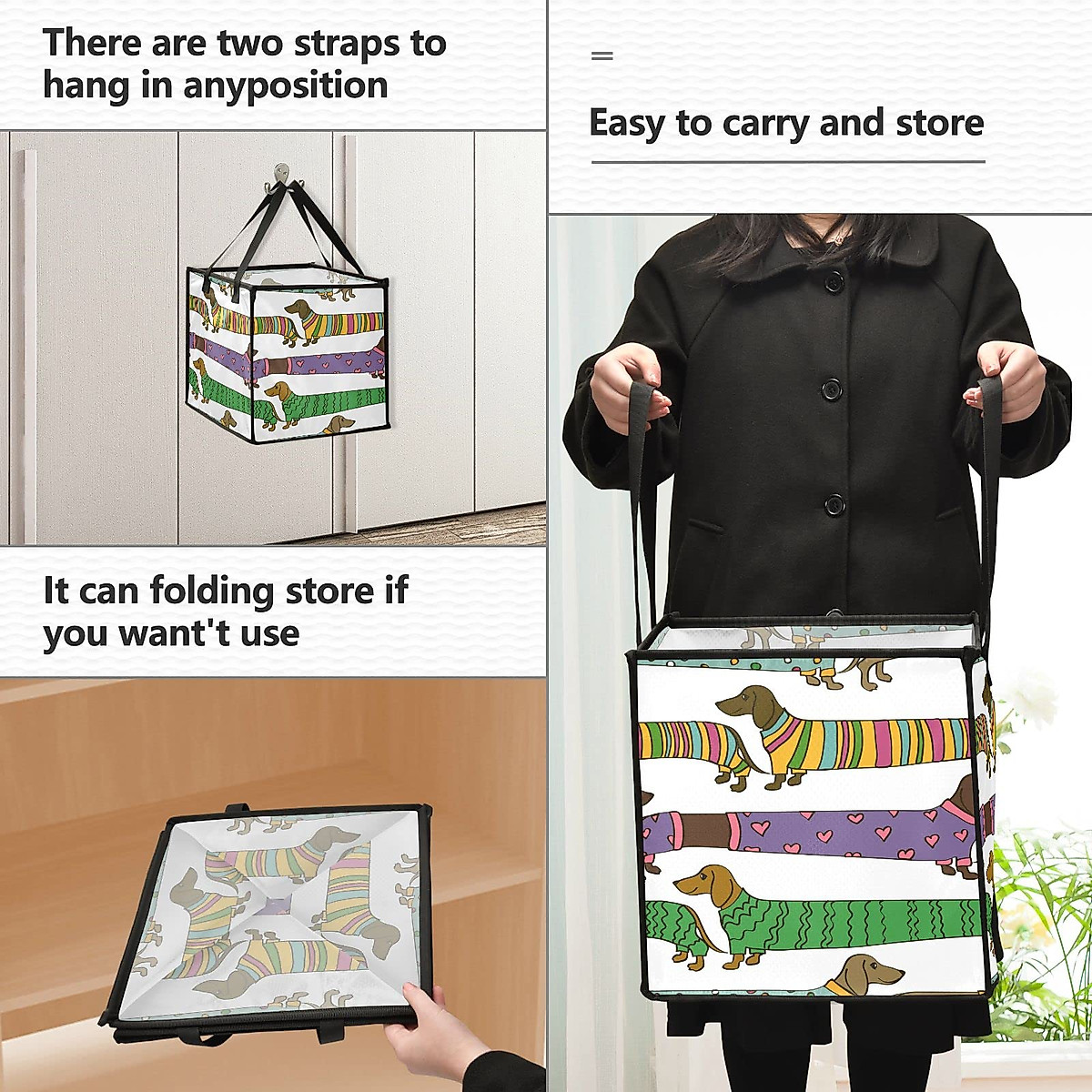 Cartoon Dachshund Dogs Storage Bin Collapsible Toy Storage Basket Cube Laundry Basket Waterproof Nursery Hamper with Handles for Kids Boys Kids Toys Shelf Laundry Girls Home Decor