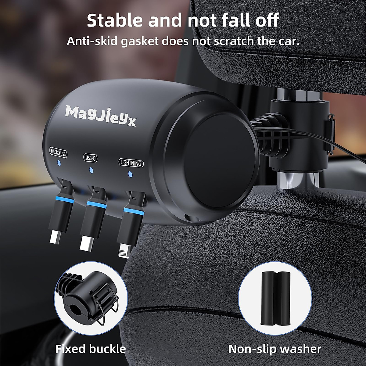 MAGJIEYX for Multi Retractable Car Charging Station Box, 3 in 1 Headrest Fast Power Charging Dock Cord USB Type C Fits iPhone15 14/iPad/Android/Samsung|Uber Lyft Backseat Passengers Share Rid