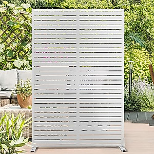 Elevens Free Decorative Privacy Screen with Stand, Outdoor Decor Privacy Fence Screen Metal Fence Panels, Outdoor Divider for Garden Patio Backyard (White-Stripes)