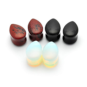Mystic Metals Body Jewelry Set of 3 Pairs Teardrop Stone Plugs - Black Onyx, Opalite, Mahogany Obsidian (00g (10mm))