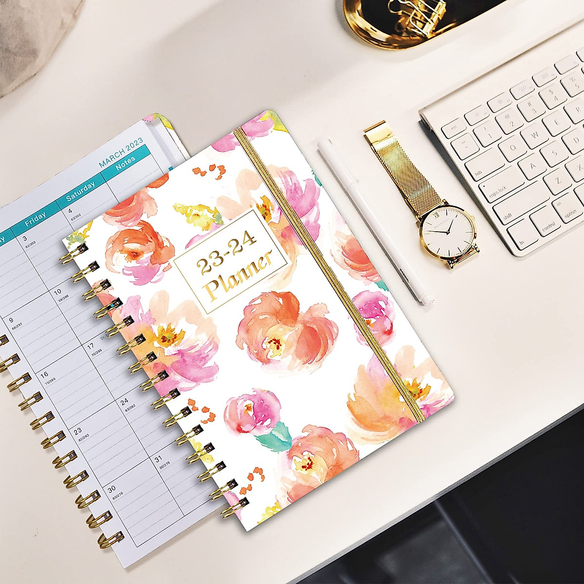 Ymumuda 2023 Planner, Weekly Monthly Planner 2023, 12-Month School Planner from JAN.2023 to DEC.2023, 8.4" X 6", Spiral Planner Notebook with Stickers, Elastic Closure, Inner Pocket, Coated Tabs, Watercolor Floral