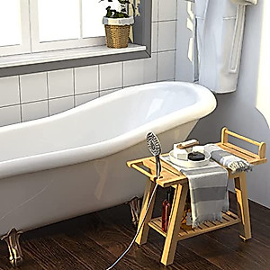 ETECHMART 2-Tier Bamboo Shower Bench, 24 Inch Spa Stool with Storage Shelf for Inside Shower Legs Shaving, Entryway or Bathroom, A-Shaped Shower Bath Seat for Seniors Adults Disabled Women, Natural