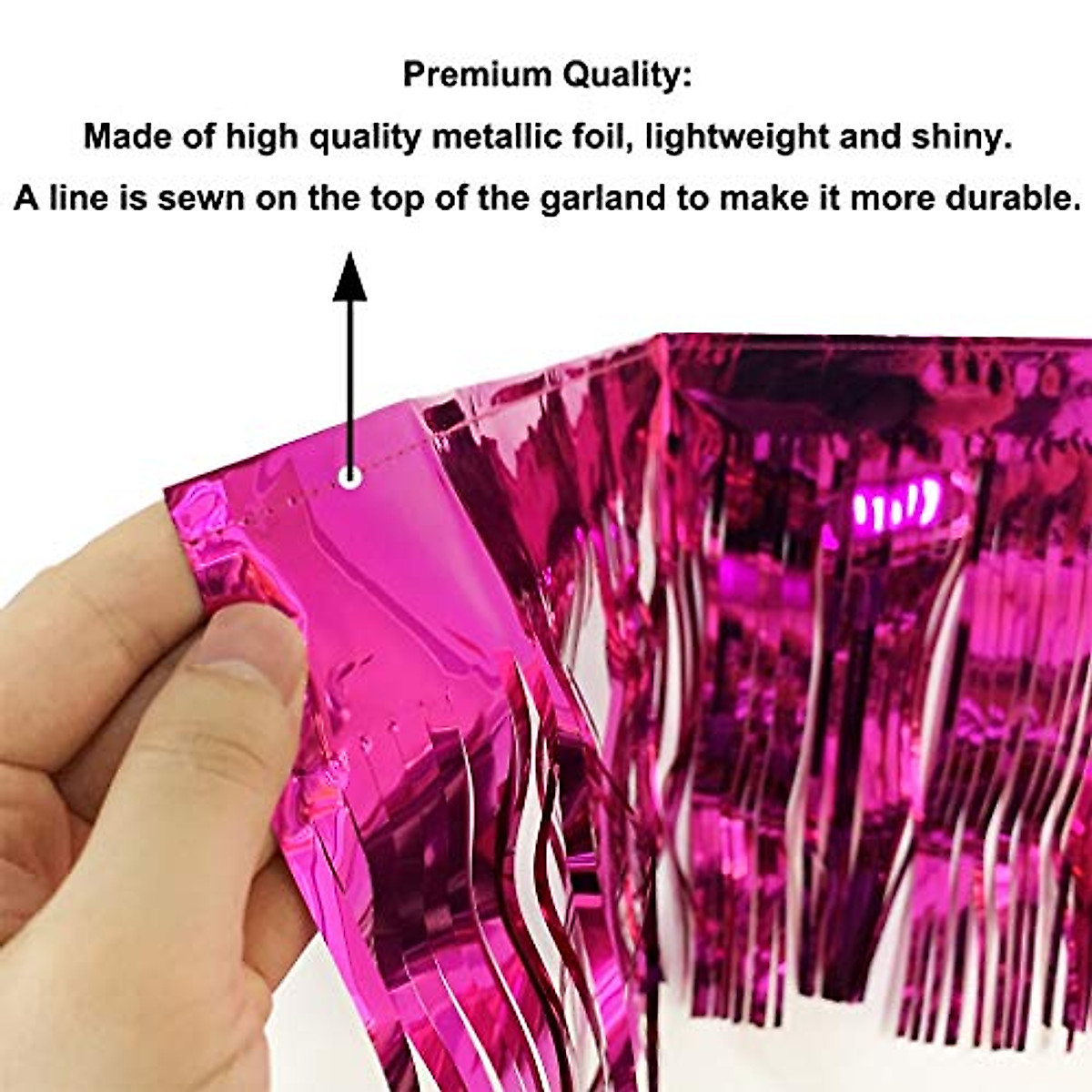 Blukey 10 Feet by 15 Inch Fuchsia Foil Fringe Garland, Shiny Metallic Tinsel Banner Ideal for Parade Floats, Bridal Shower, Wedding, Birthday, Christmas - Wall Ceiling Hanging Fringe Drapes