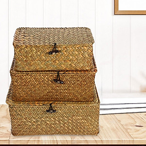 Rattan Storage Basket Makeup Organizer Multipurpose Container with Lid (S/M/L)