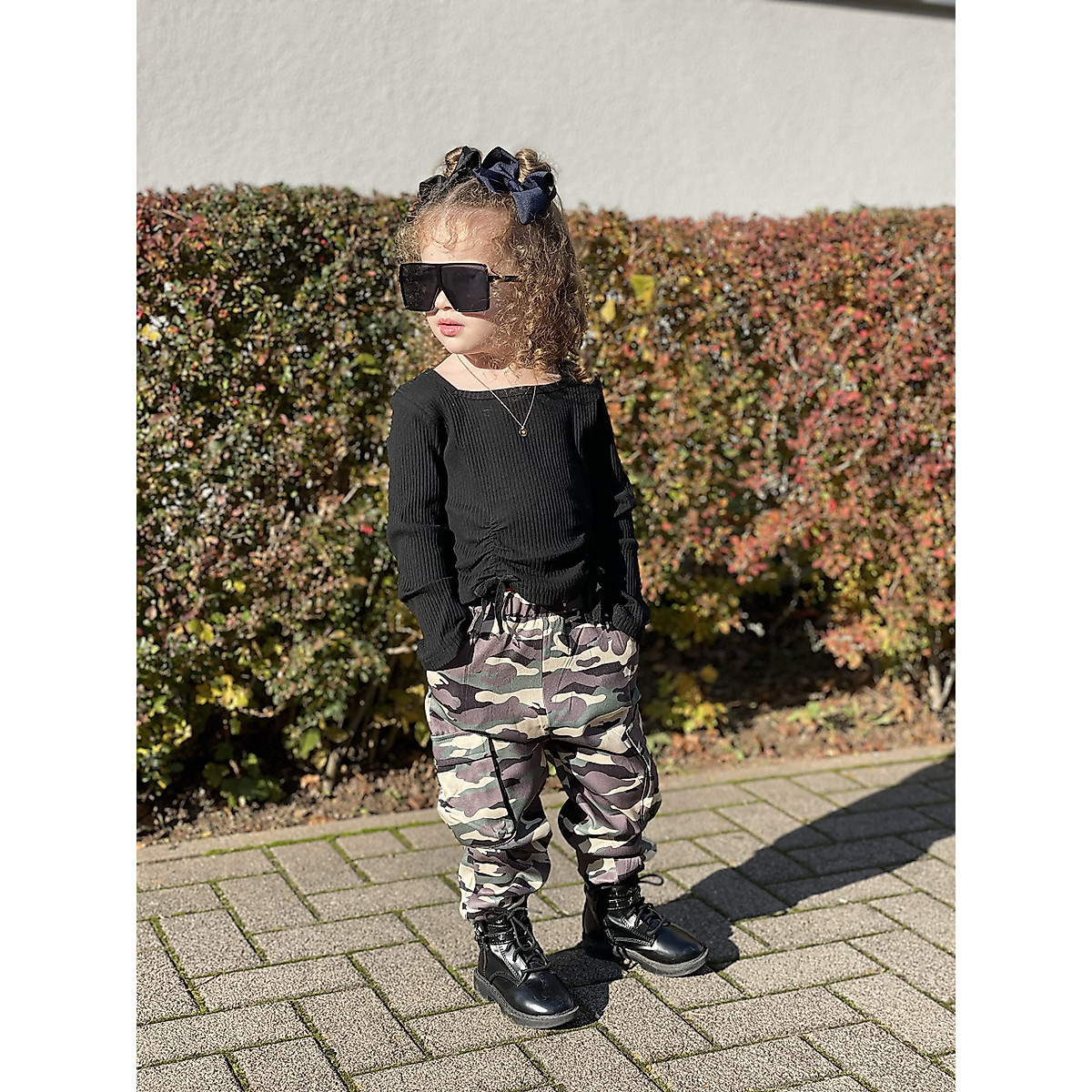 DISAUR Girls Clothes Size 3-4T Months Girl Fall Clothes Long Sleeve Square Neck Shirt Top + Floral Print Pants Girls Outfit Set, Black