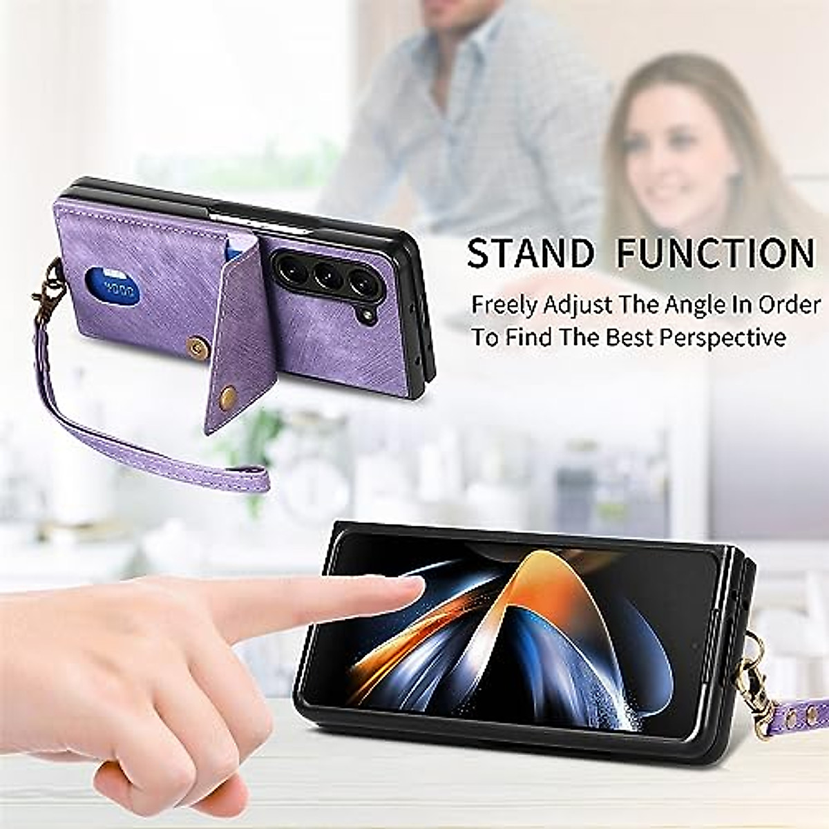 LXURY Wallet Case for Samsung Galaxy Z Fold 5, Pu Leather Cover with Detachable Wrist Strap and Card Slot Kickstand Shell,Green,Z Fold 5 7.6''