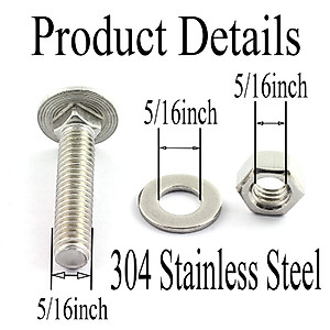 RuiLing 10 Set Carriage Bolt Sets 304 Stainless Steel Carriage Screw Hex Nut and Flat Washer Kits 5/16-18 Inches