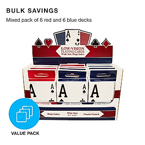 Brybelly Low-Vision Mega Index Playing Card Decks Mixed 12-Pack (6 Red/6 Blue) - Maximum Visibility and Maximum Playability Jumbo Index - Poker Wide - Big Numbers Macular Degeneration
