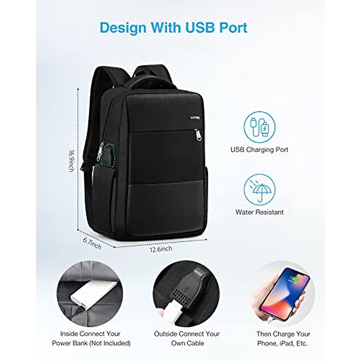 HOMIEE School Backpack 15.6 Inch Laptop Backpack Travel Backpack with USB Charging Port, Durable Water Resistant Backpack College School Bookbag Business Computer Backpack