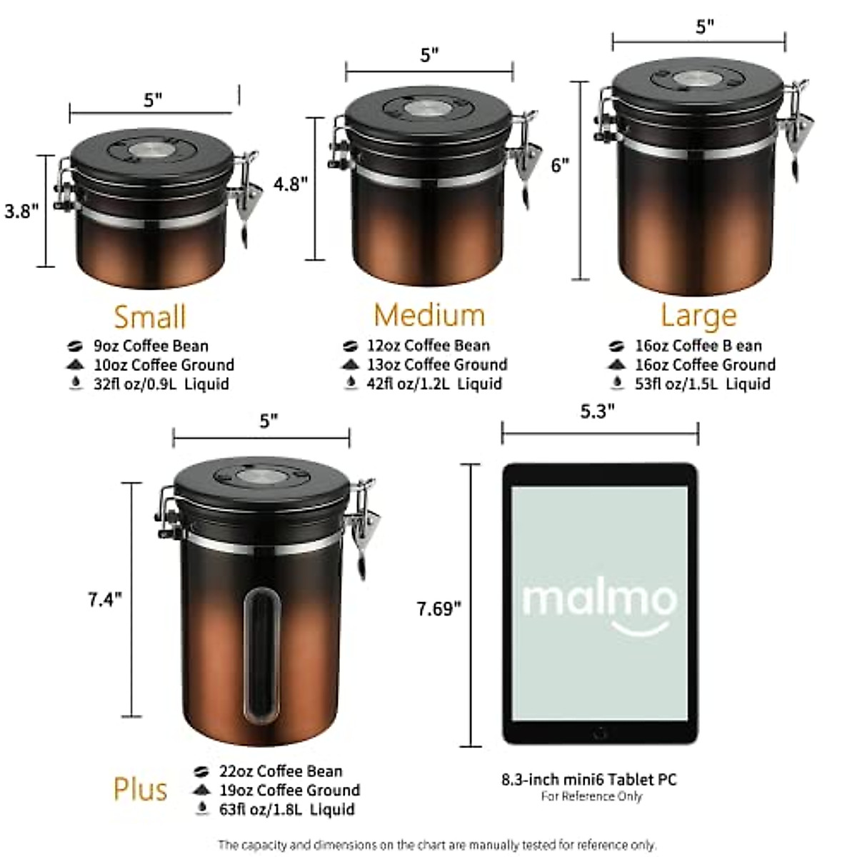 malmo Gradient Coffee Canister,Airtight Coffee Container with Date Tracker Lid, Stainless Steel Canister for Kitchen Food Storage 9oz, Copper Gradient