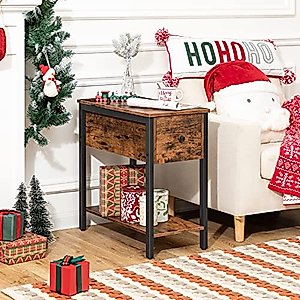 HOOBRO Side Table, 2-Tier Nightstand with Drawer, Narrow End Table for Small Spaces, Stable and Sturdy Construction, Wood Look Accent Furniture with Metal Frame, Rustic Brown and Black BF04BZ01
