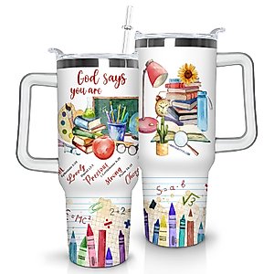 qoepfnsh Teacher Tumbler 40 oz Tumbler with Handle Teacher Travel Coffee Mug Cup Water Bottle Stainless Steel Insulated 40oz Tumblers with Lid and Straw Teacher Gifts for Women