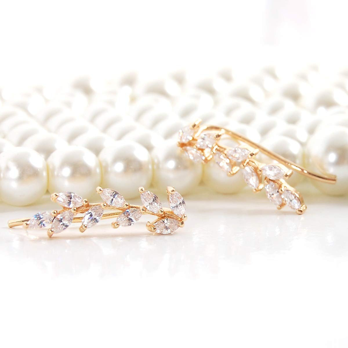 Humble Chic Ear Climber Earrings for Women, Gold Ear Cuff Earrings, Hypoallergenic Gold Dainty Earrings, Climbing CZ Crystal Gold Earrings, Leaf Ear Crawler Stud, Gold Flower Earrings, 14K Gold Plated