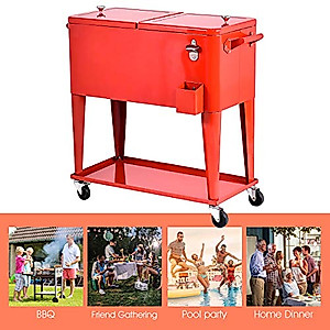 ReunionG 80-Quart Rolling Cooler Cart w/Bottle Opener and Catch Tray for Party Steel Bar Bistro- Red
