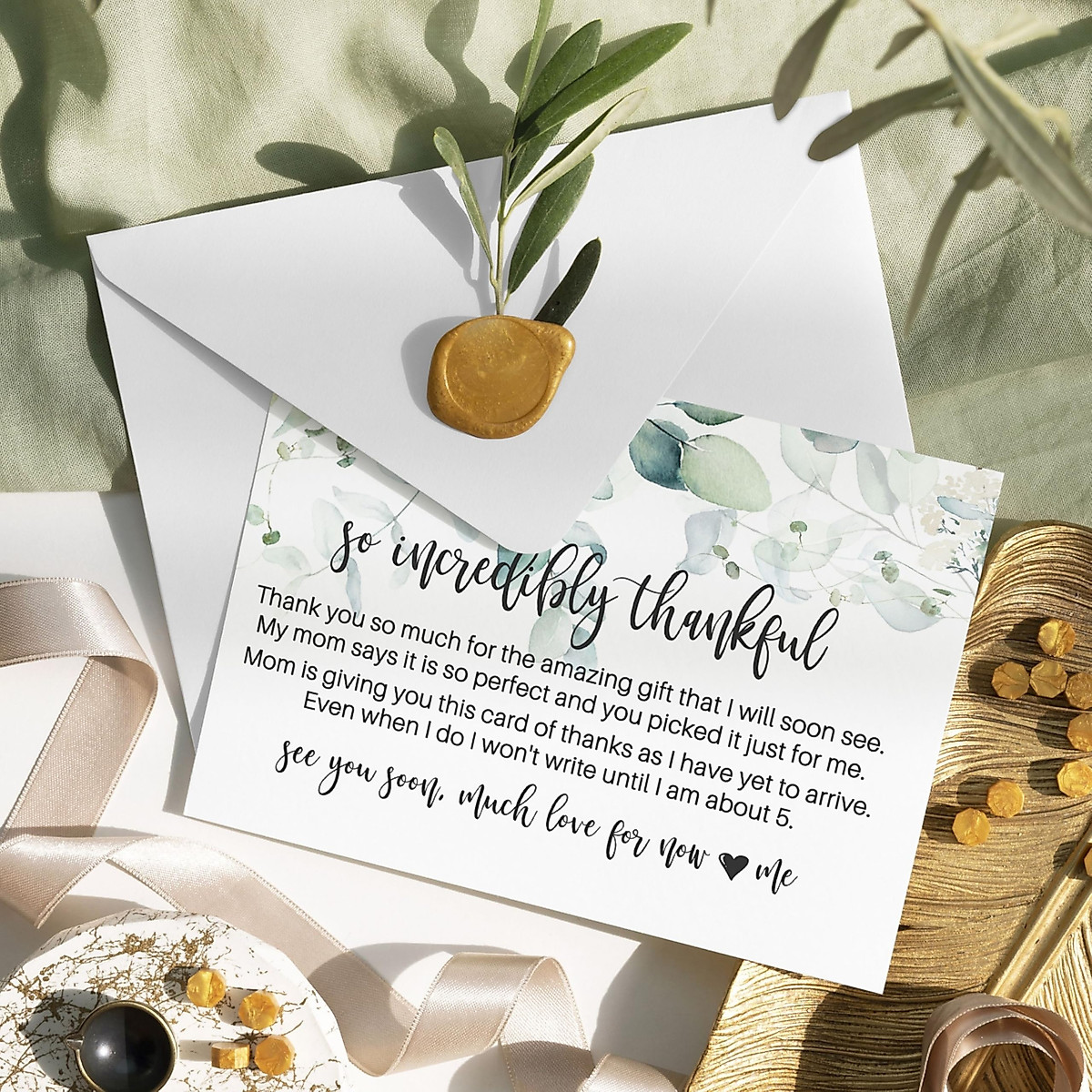 Paper Clever Party Greenery Baby Shower Thank You Cards with Envelopes - 25 Pack - 4x6 Blank Notes with Prefilled Message from Baby Girl - Rustic Eucalyptus Design Stationery Set