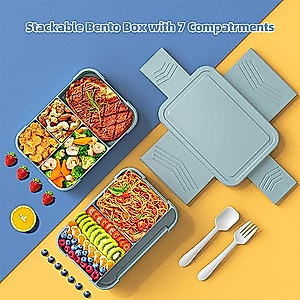 Lunch Bento Box for Kids, Stackable Bento Lunch Containers for Adults 50oz Leakproof Lunchbox with 7 Compartments Built-in Utensil Set for Kids Back to School,On-the-Go Meal and Snack Packing-Blue