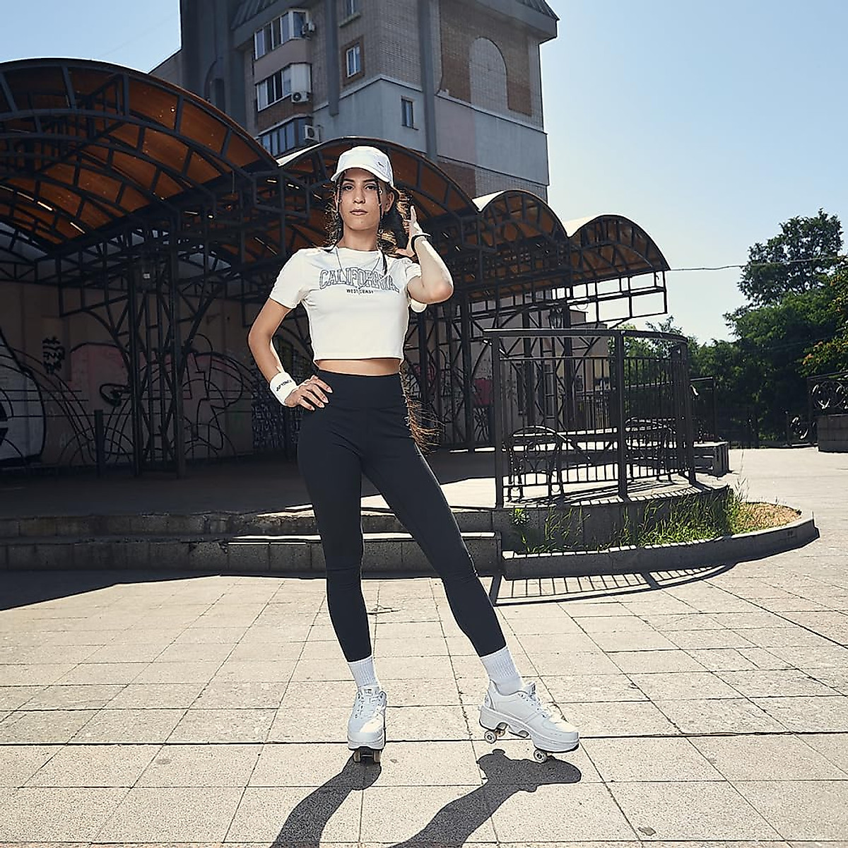 KOFUBOKE 2-in-1 Roller Skates & Sneakers Unisex Retractable Wheels Outdoor Fun & Fitness Kick Roller Shoes (White Without Light, 8)